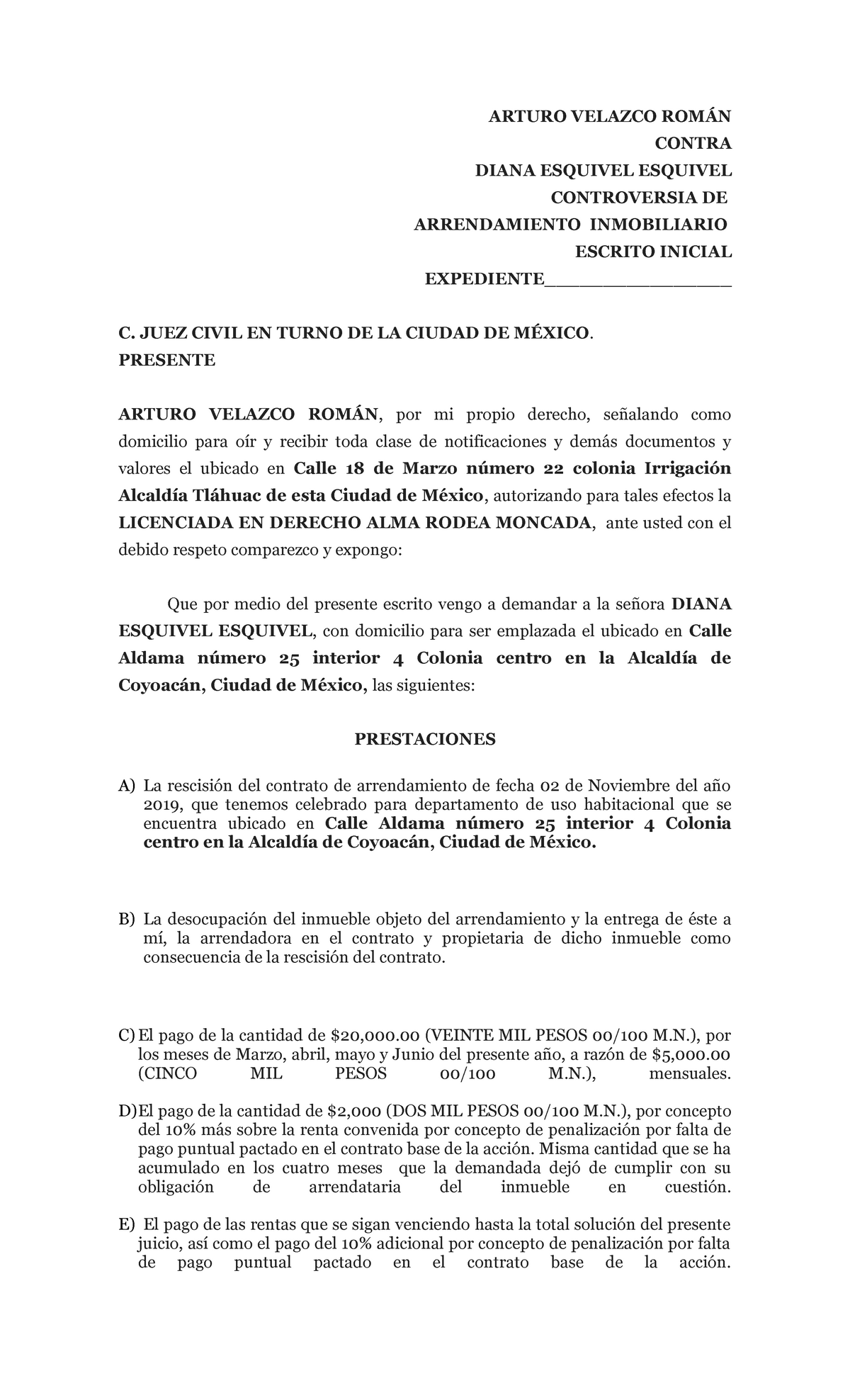 Proyecto Demanda De Juicio Arrendamiento Ejemplo Demanda Controversia