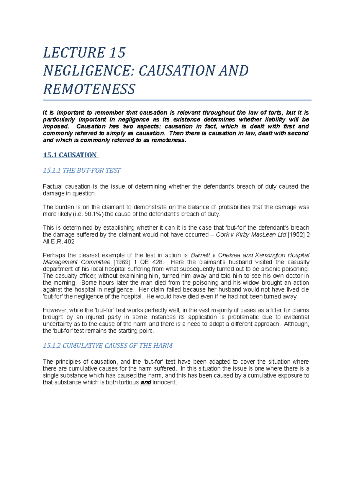 Lecture Notes Causation And Remoteness Lecture 15 Negligence