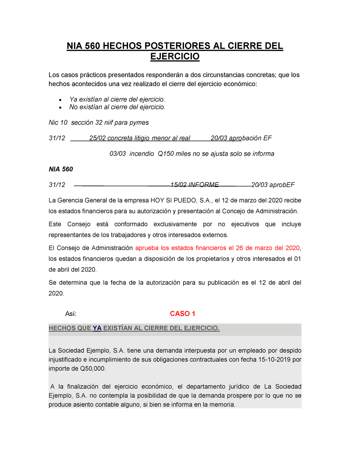 Ejemplo Nia 560 Hechos Posteriores Al Cierre Del Ejercicio1 Nia 560