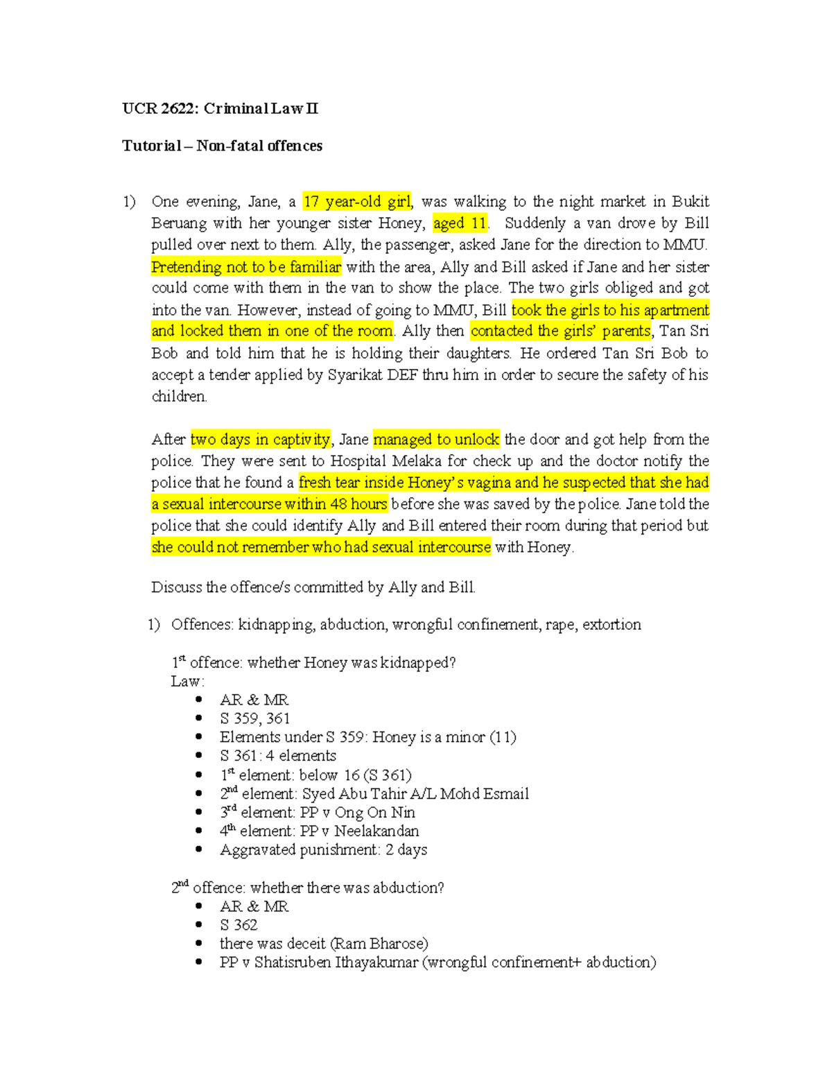 Cr Tuto 2 Ucr 2622 Criminal Law Ii Tutorial Non Fatal Offences One