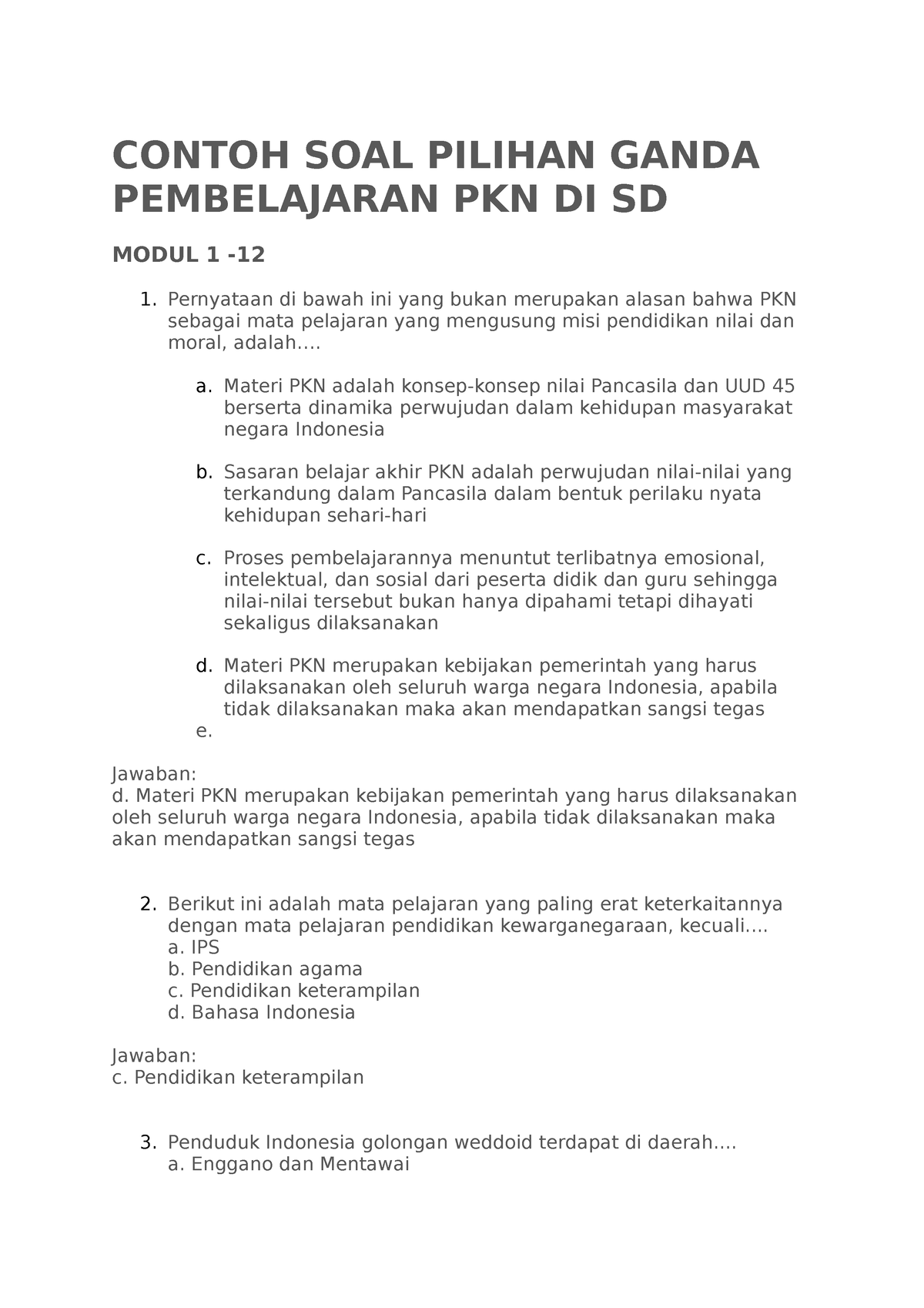 Contoh Soal Pilihan Ganda Pembelajaran Pkn Di Sd Contoh Soal Pilihan