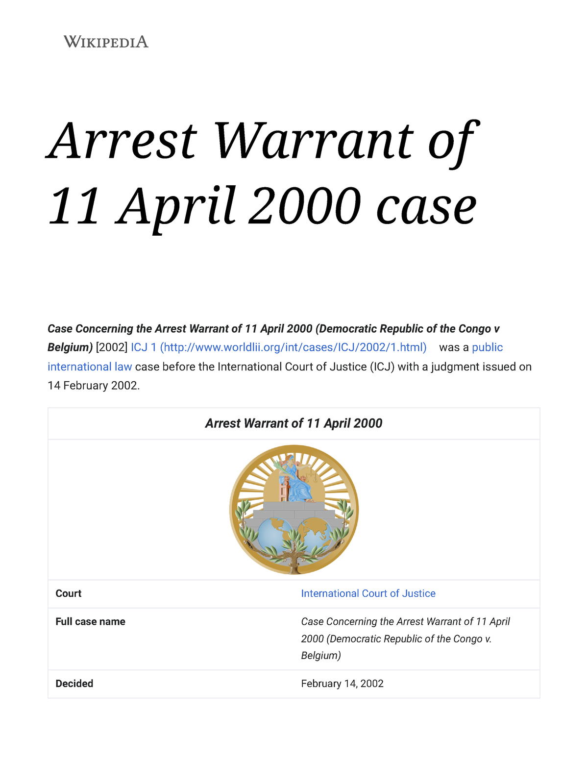 Arrest Warrant Of 11 April 2000 Case Wikipedia Arrest Warrant Of 11