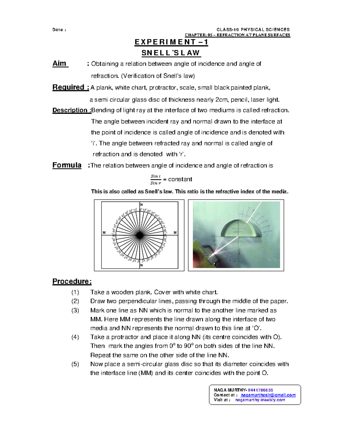 Class 10 Ps Em 05 Experiment 01 Snells Law Date Class 10 Physical