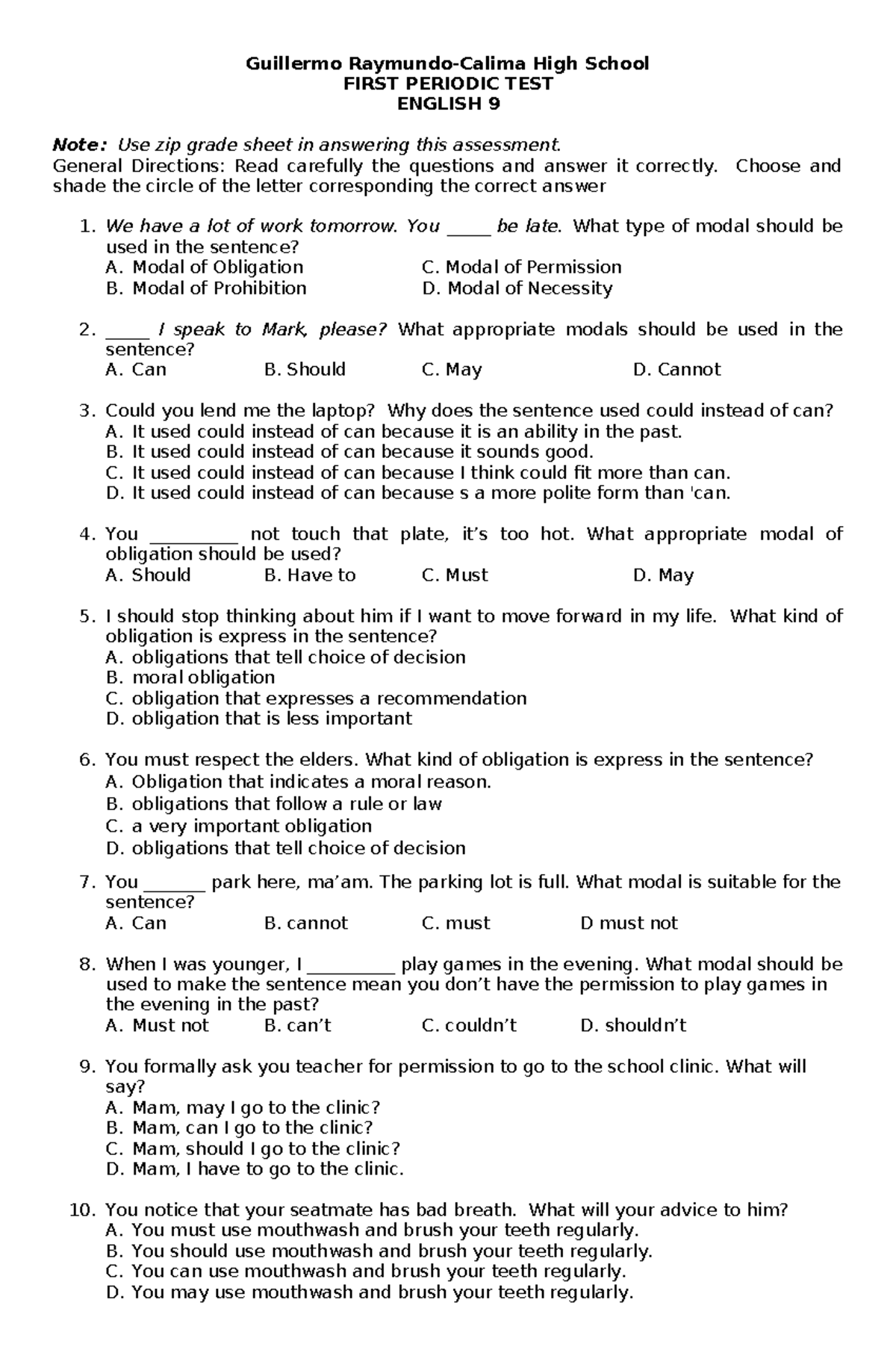 First Periodic Exam In English 9 Guillermo Raymundo Calima High