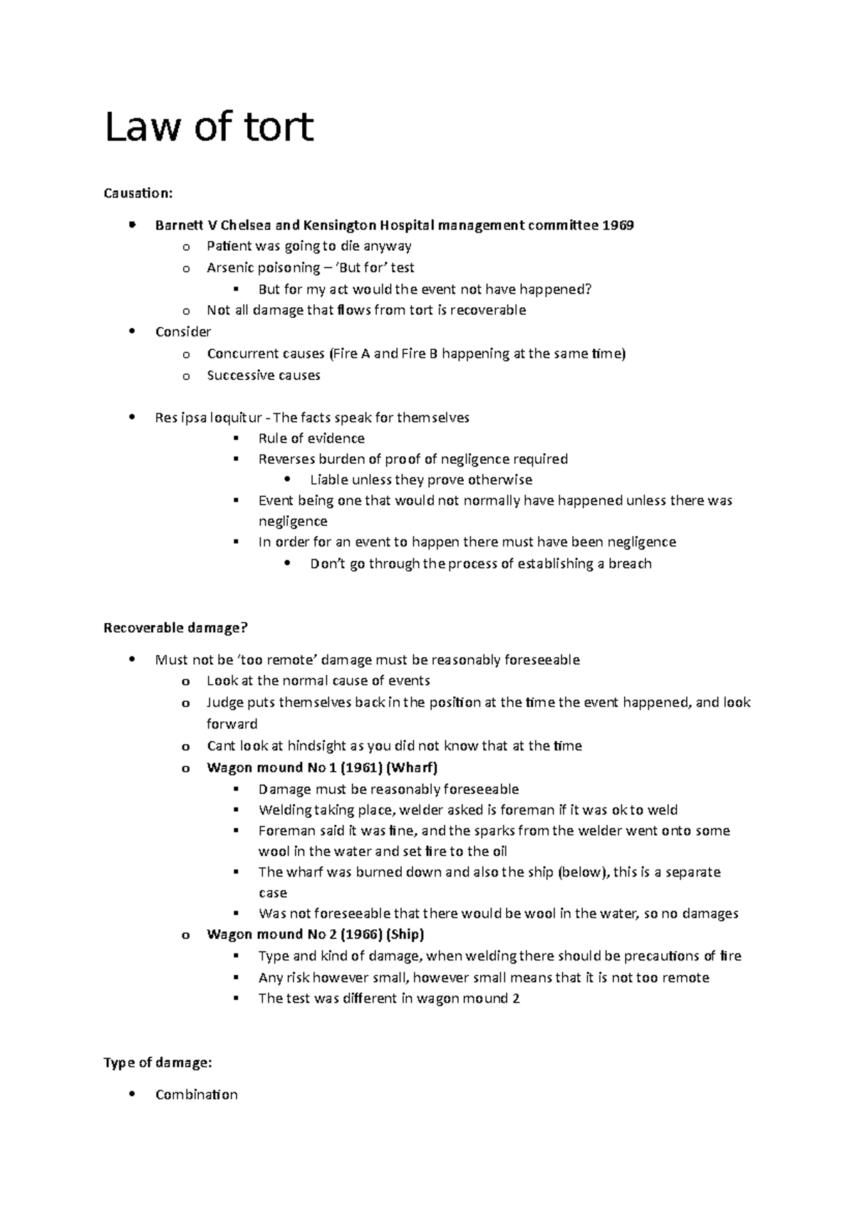 Lecture 5 Law Of Tort 2 Law Of Tort Causation Barnett V Chelsea