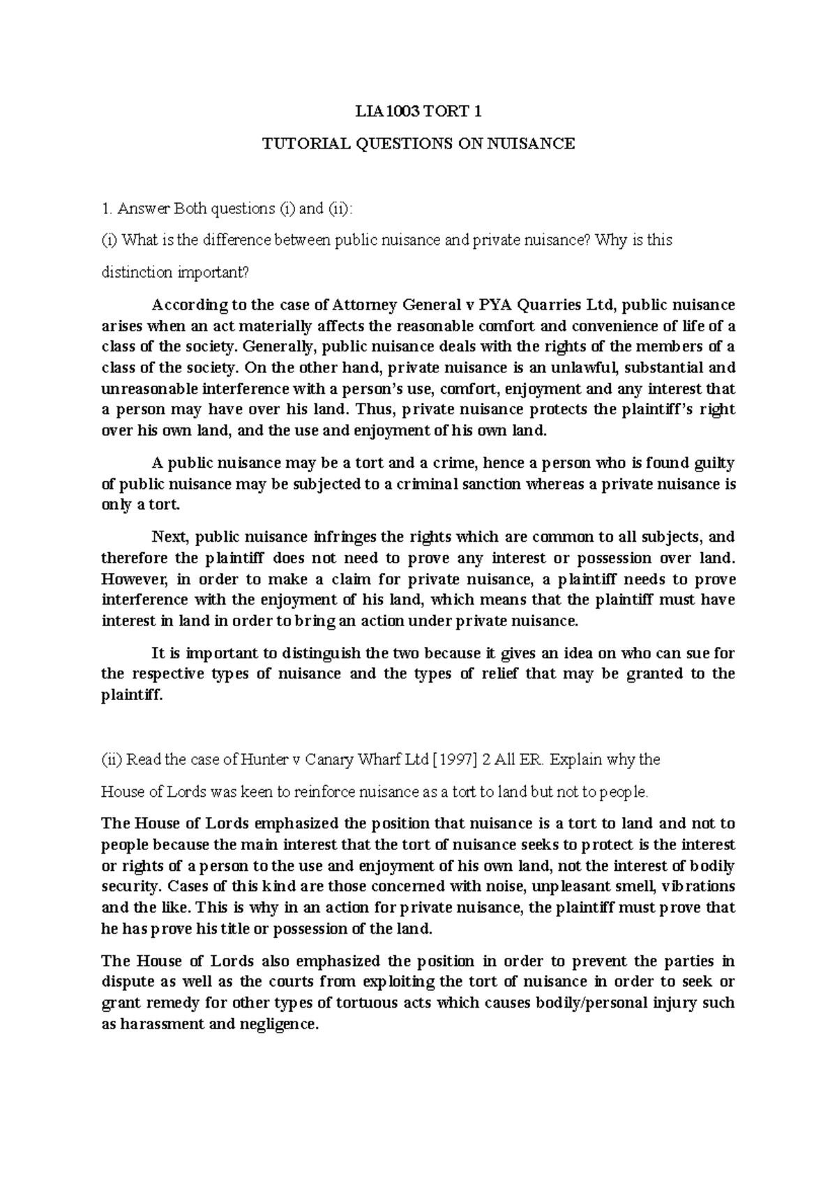 Tort Tutorial Nuisance Lia1003 Tort 1 Tutorial Questions On Nuisance