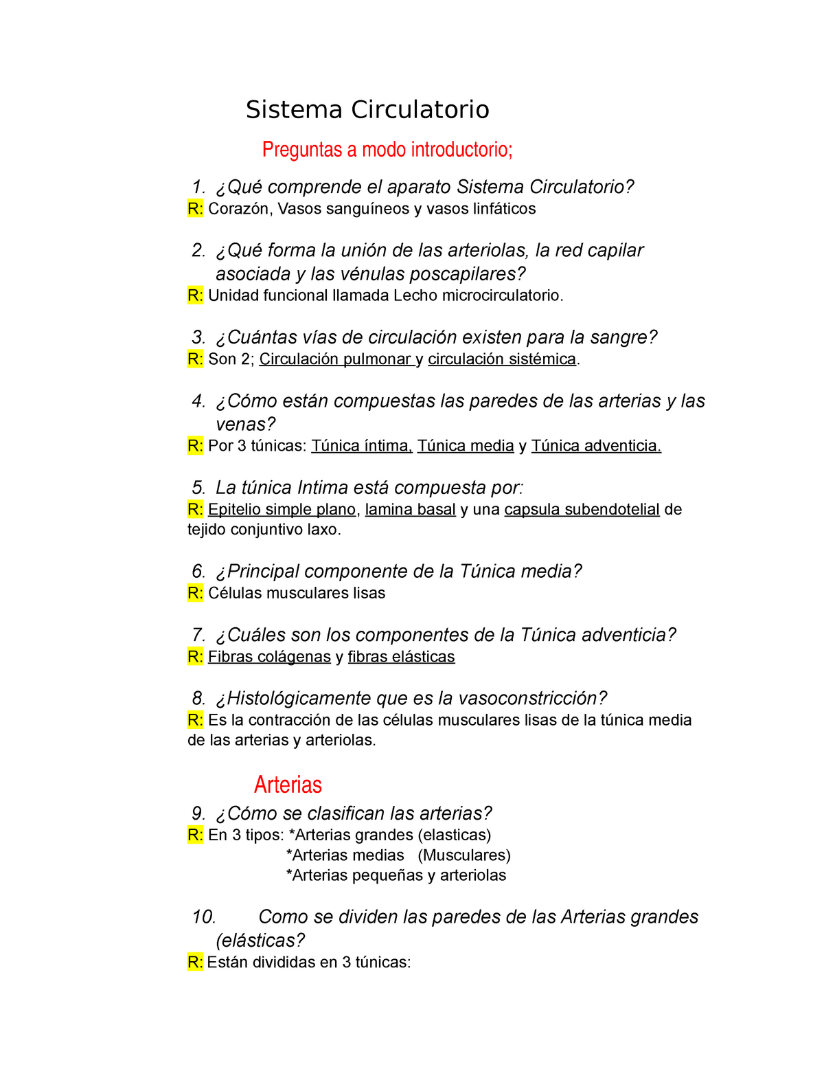 Banco De Preguntas Histológicas De Sistema Circulatorio Sistema