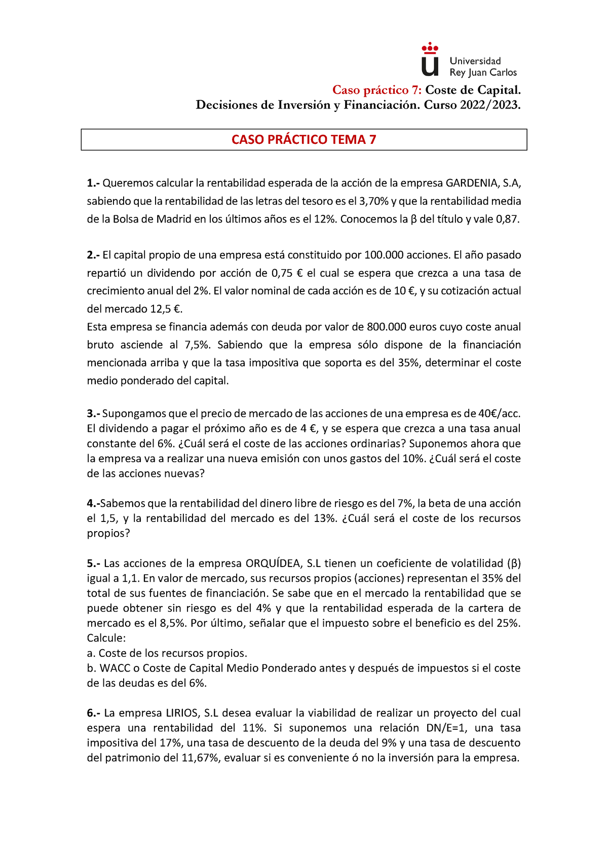 Tema 7 Casos Prácticos Caso Práctico 7 Coste De Capital Decisiones