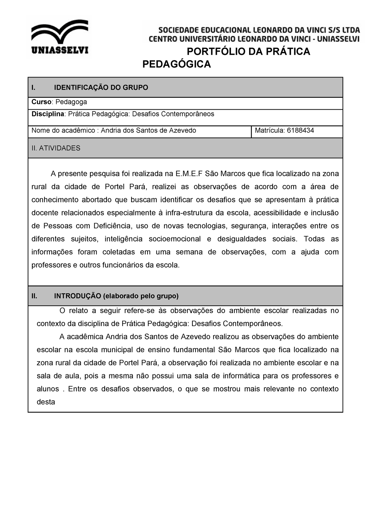 Portifólio De Pedagogia PortfÓlio Da PrÁtica PedagÓgica I