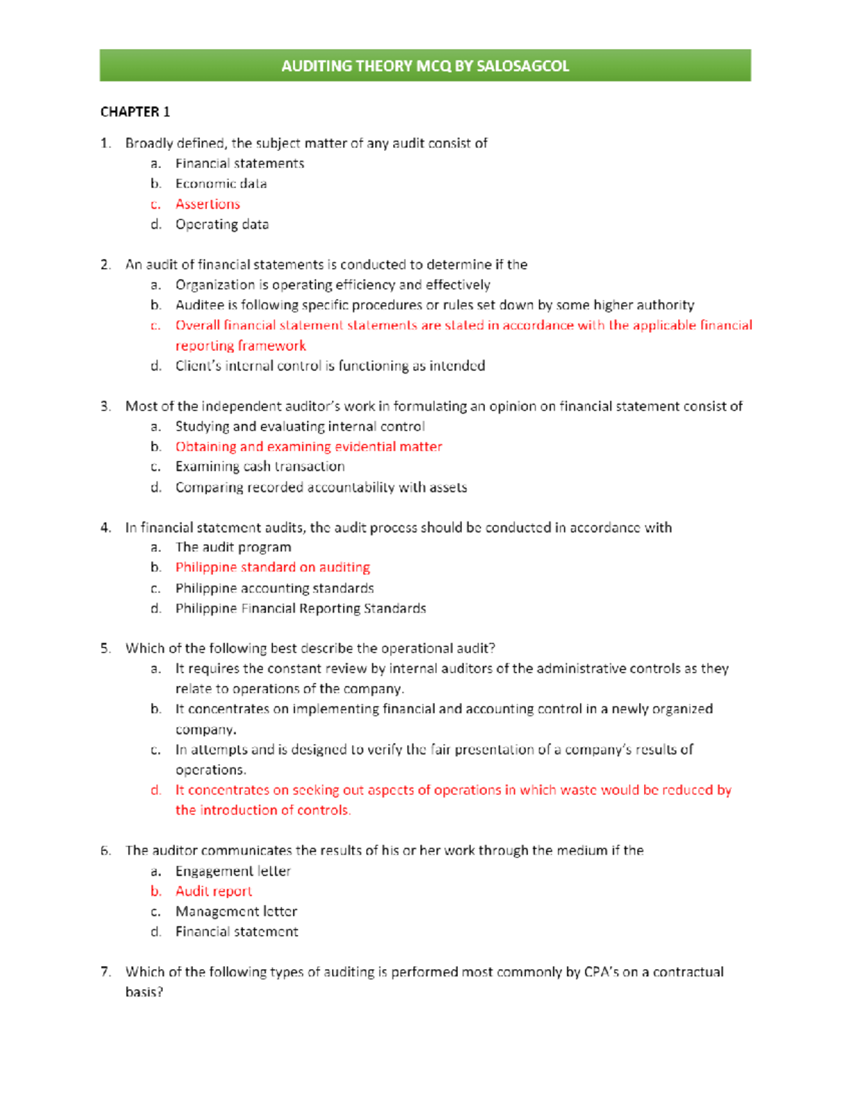 Auditing Theory Mcqs By Salosagcol With Answers Accountancy Studocu