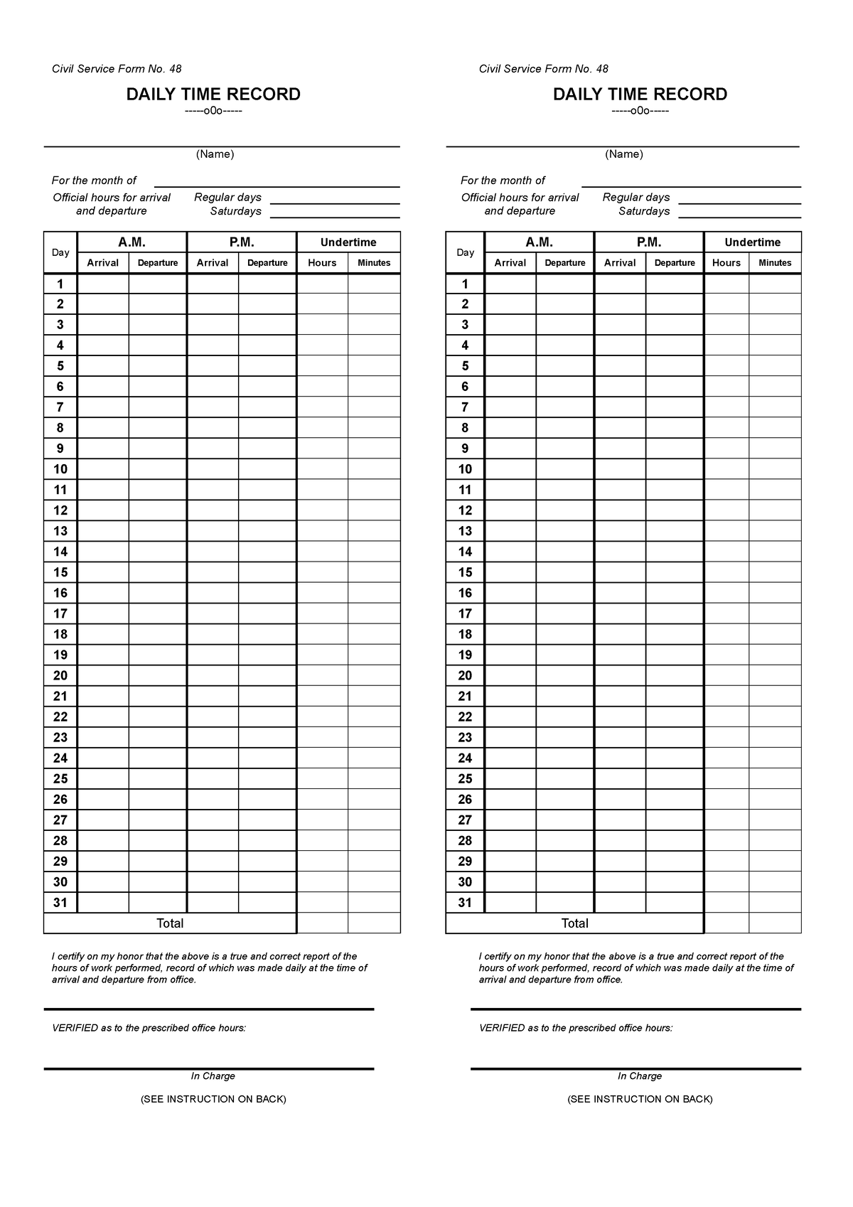 Dtr Template Printable