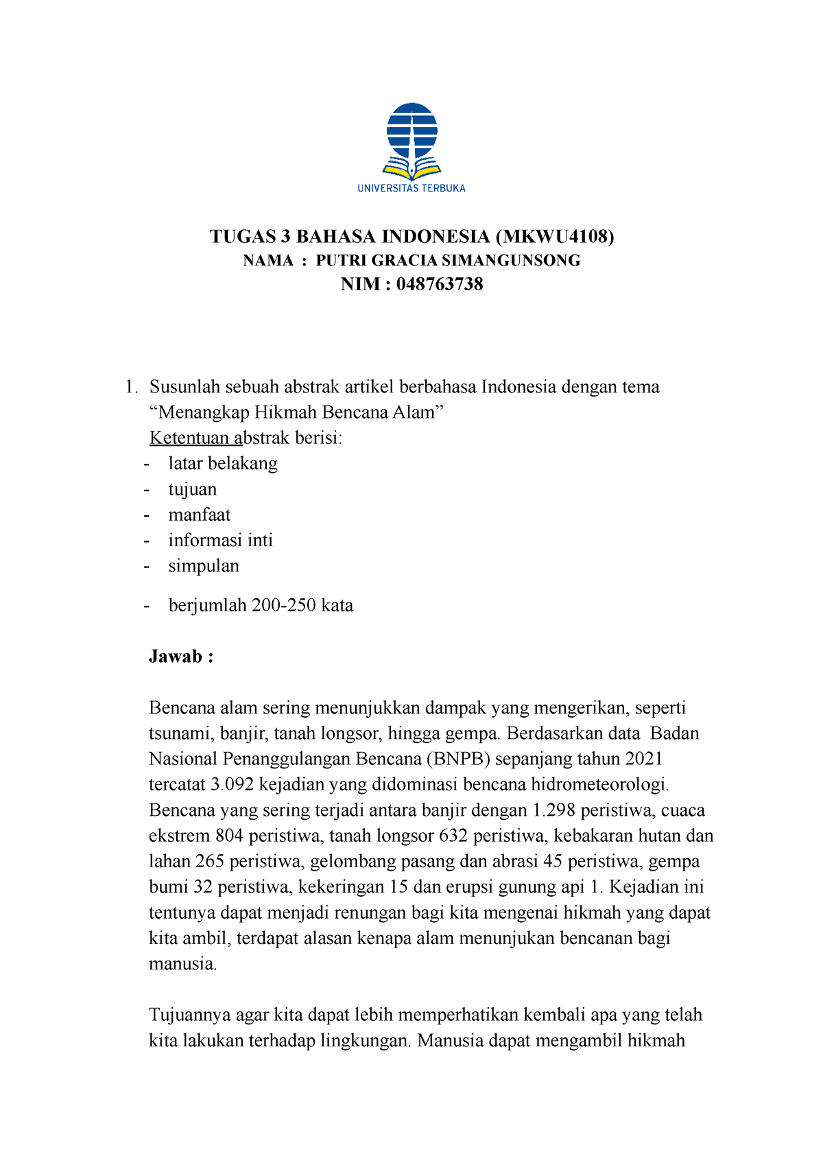 Tugas 3 Bahasa Indonesia Tugas 3 Bahasa Indonesia Mkwu4108 Nama