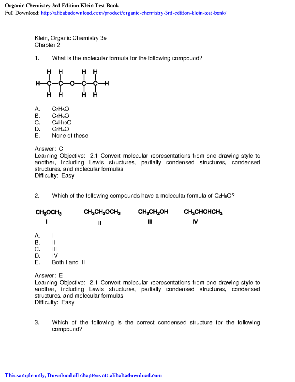 Organic Chemistry 3rd Edition Klein Test Bank Klein Organic