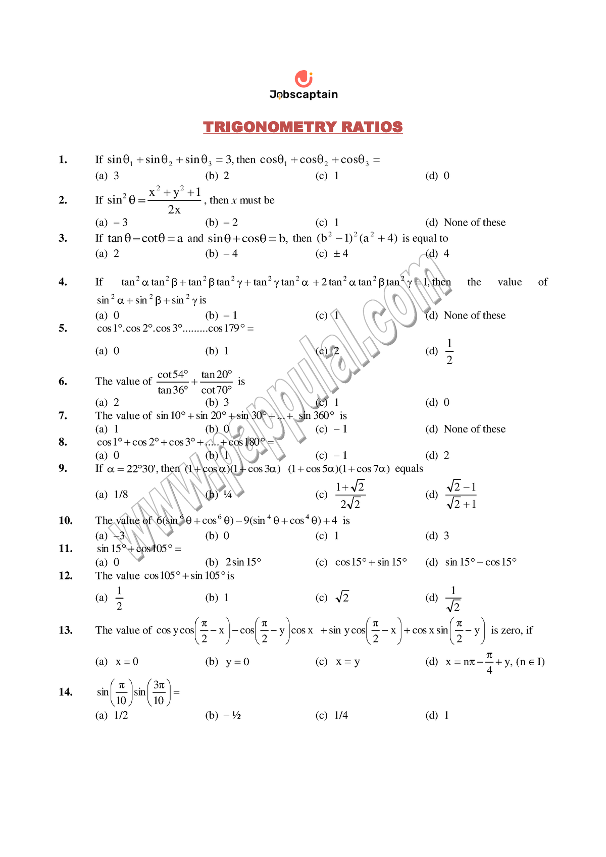 4 Multiple Choice Trigonometry And Trigonometry Ratio Sample Paper