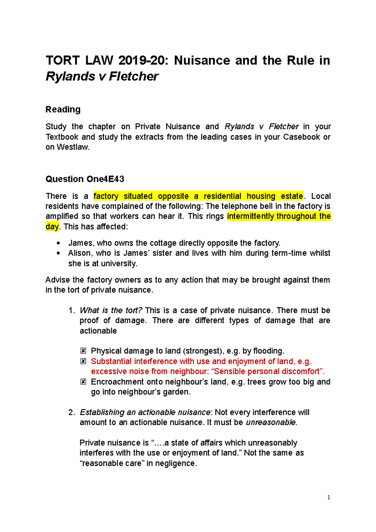 00tort Law 2019 20 Nuisance And Rylands Tutorial Tort Law 2019 20