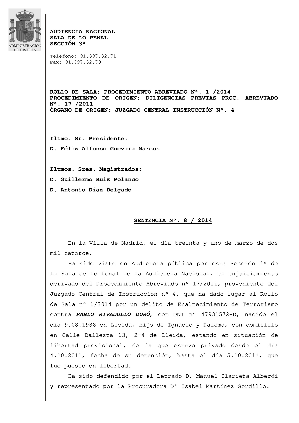 Audiencia Nacional Sentencia Caso Pablo Hasél 2014 Audiencia