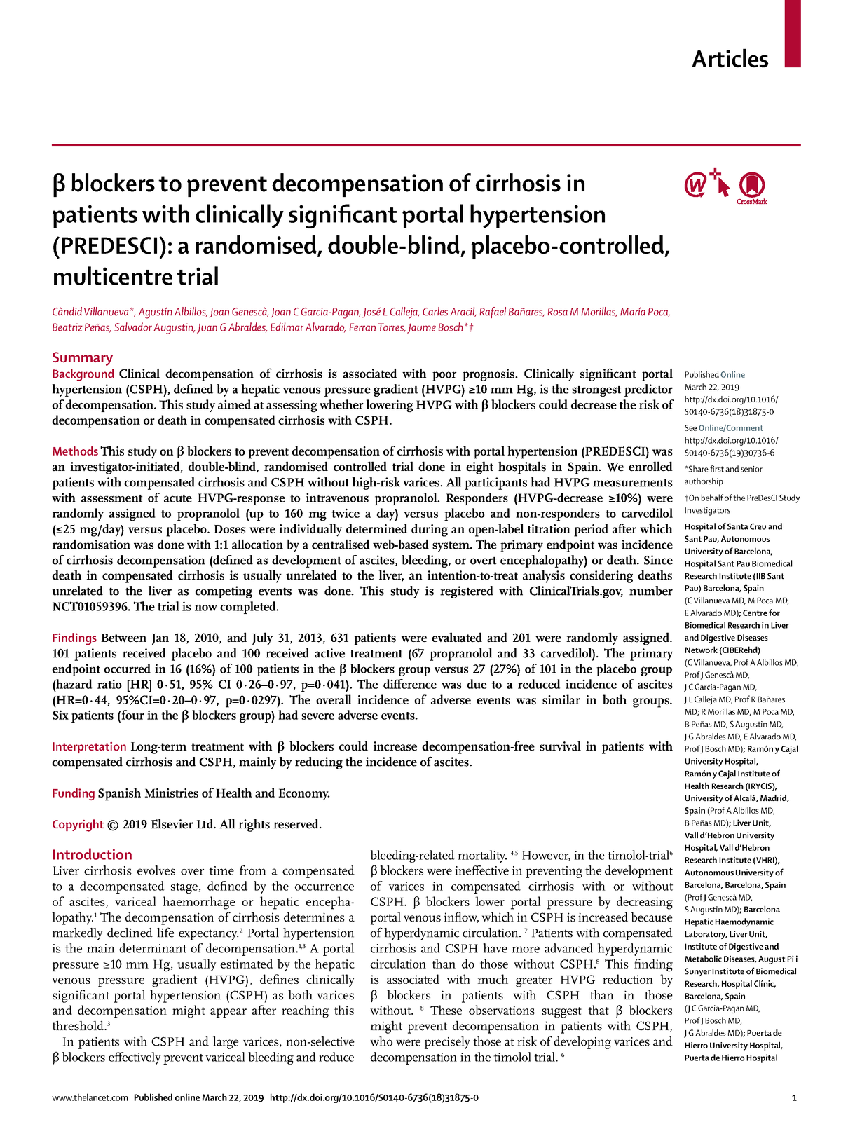 β Blockers To Prevent Decompensation Of Cirrhosis In Patients With