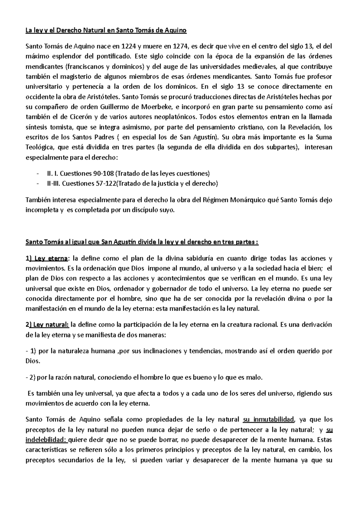 Apuntes Santo Tomas De Aquino La Ley Y El Derecho Natural En Santo