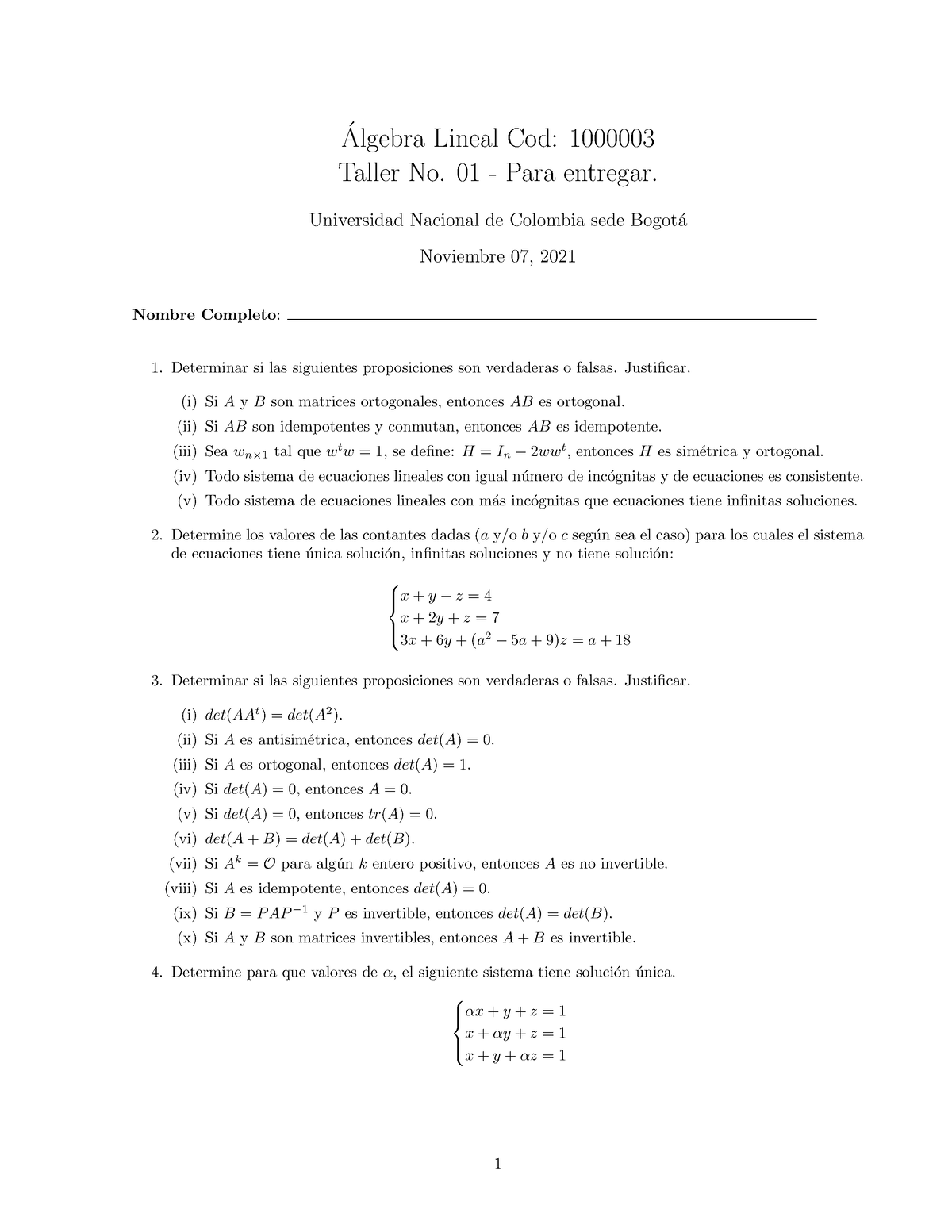 Taller 1 Algebra Lineal Algebra Lineal Cod 1000003 ́ Taller No 01