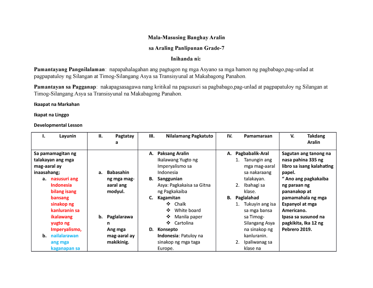 Lp Lesson Plan Mala Masusing Banghay Aralin Sa Araling Panlipunan Hot