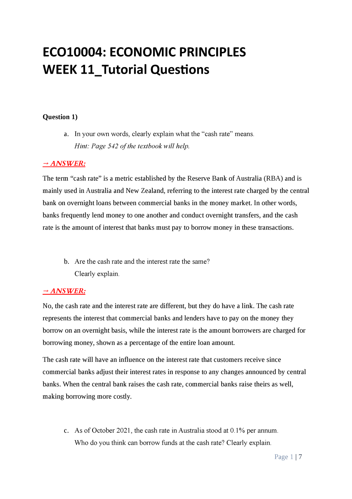 Week 11 Tutorial Questions Eco10004 Economic Principles Week 11