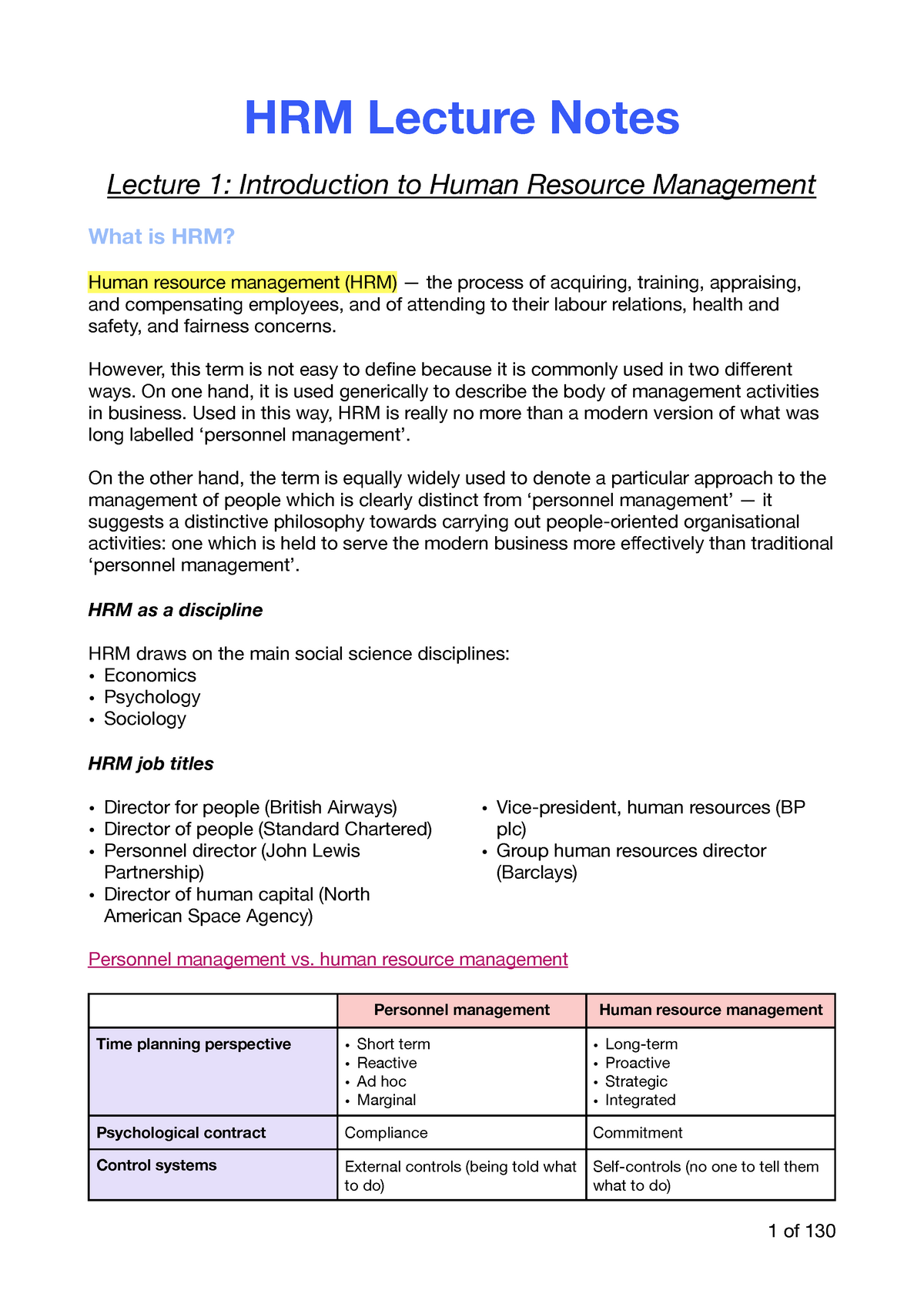 Hrm Lecture Notes Hrm Lecture Notes Lecture 1 Introduction To Human