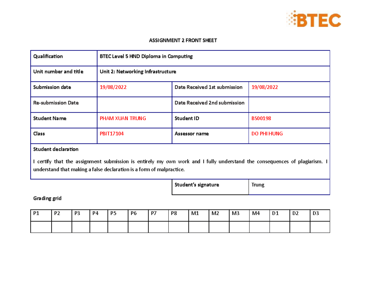 Asm2 Networking Finish Assignment 2 Front Sheet Qualification Btec