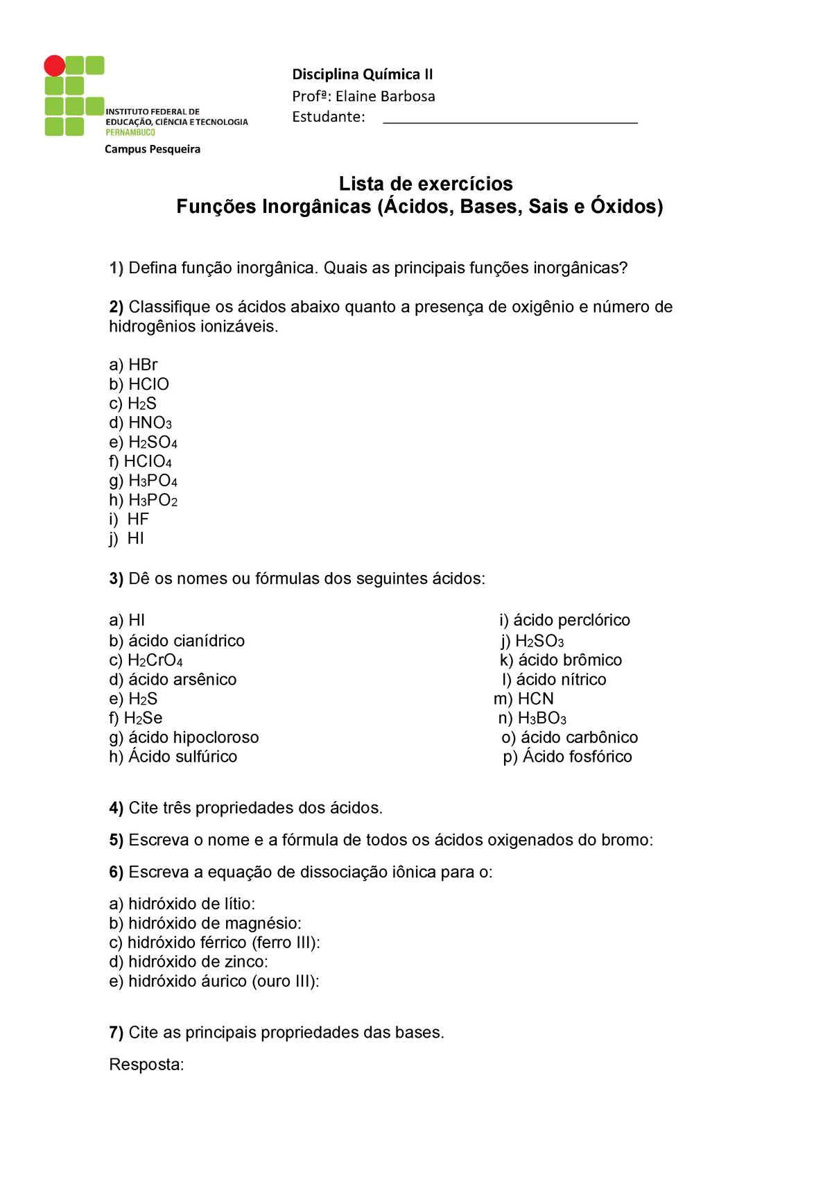 Lista De Exercícios Ácidos Bases Sais Óxidos Defina Função Inorgânica