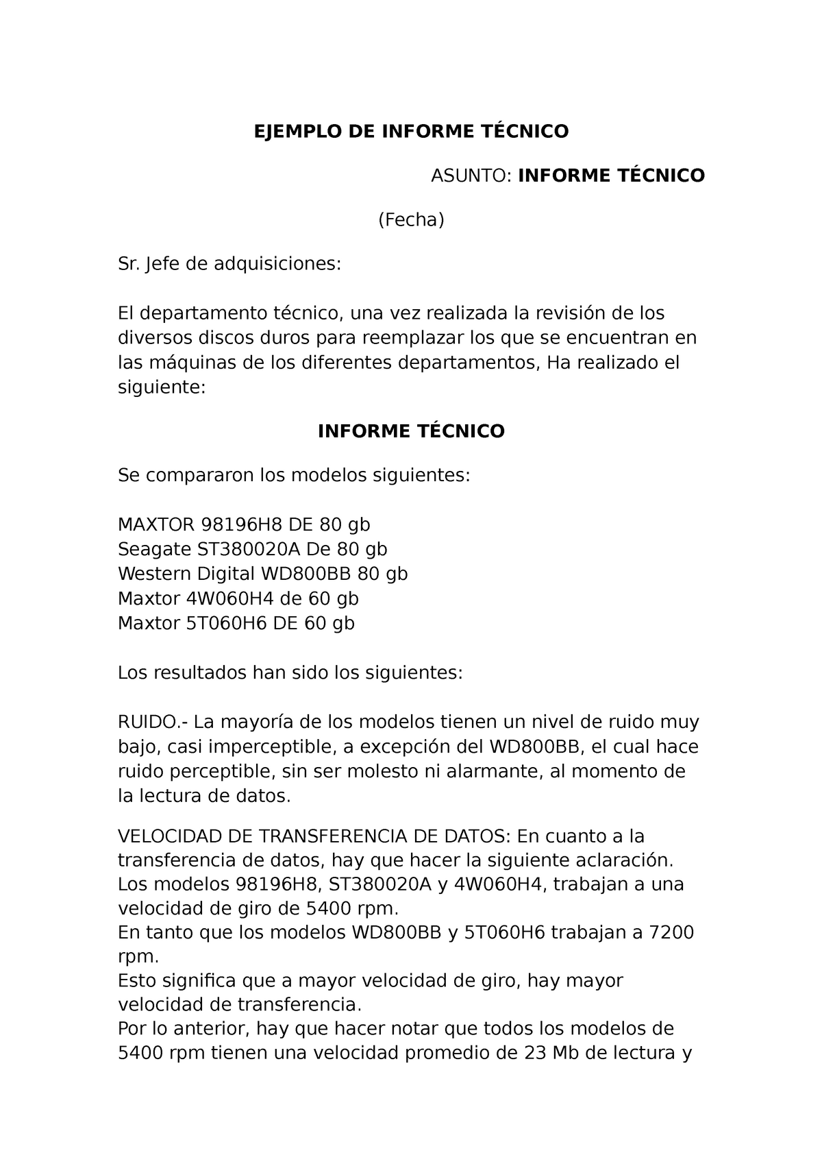 Ejemplo De Informe Tecnico Ejemplo De Informe TÉcnico Asunto Informe