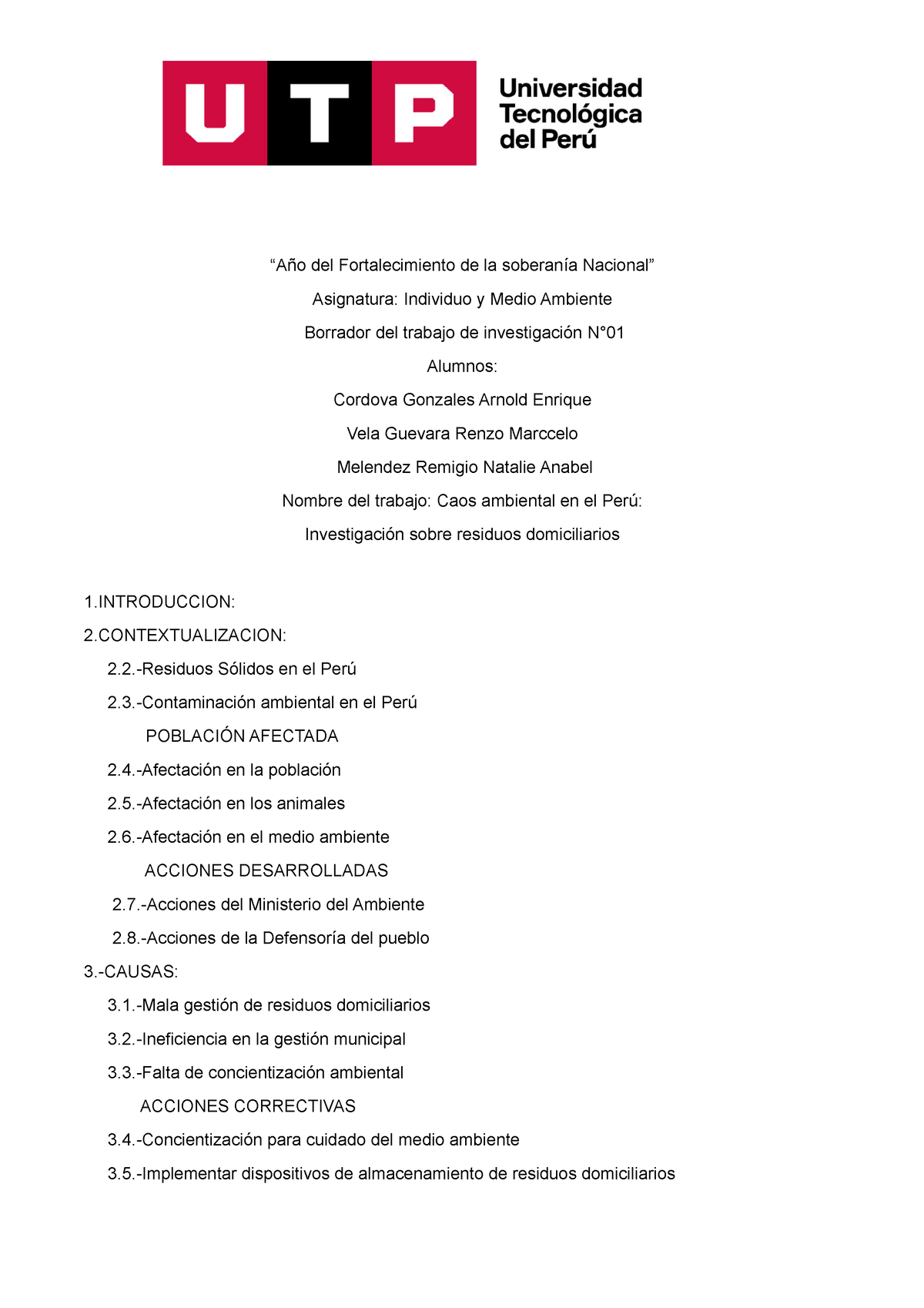 Individuo Y Medio Ambiente Trabajo De Borrador “año Del