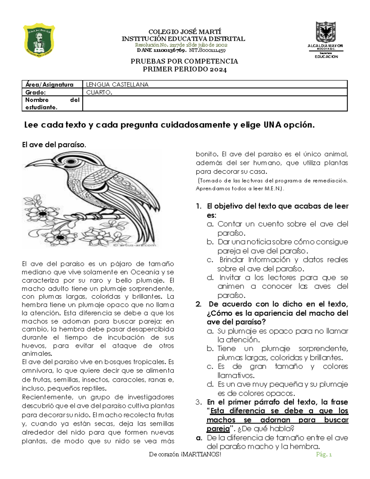 Prueba De Lengua Castellana Grado Cuarto Primer Periodo InstituciÓn