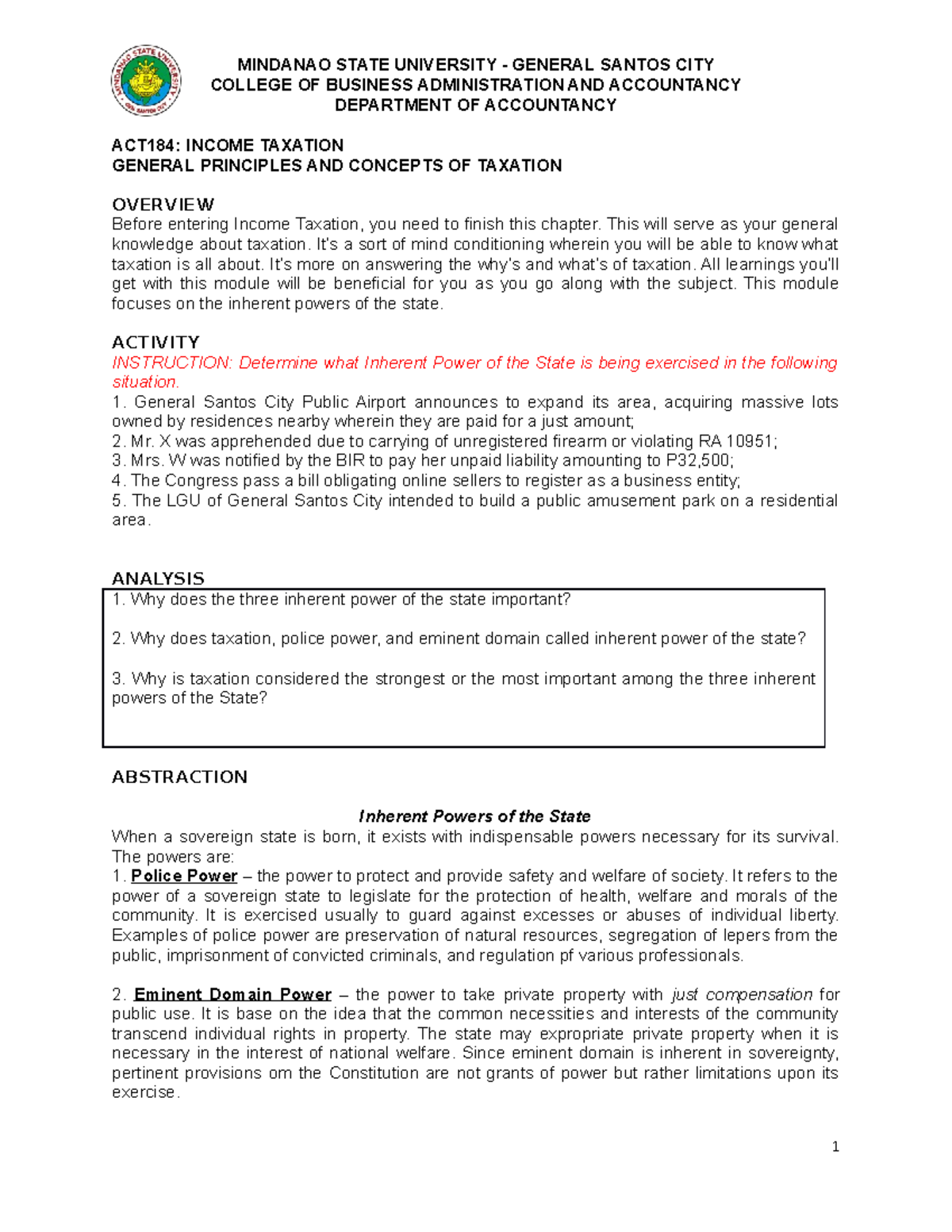 Module 1 General Principles And Concepts Of Taxation College Of