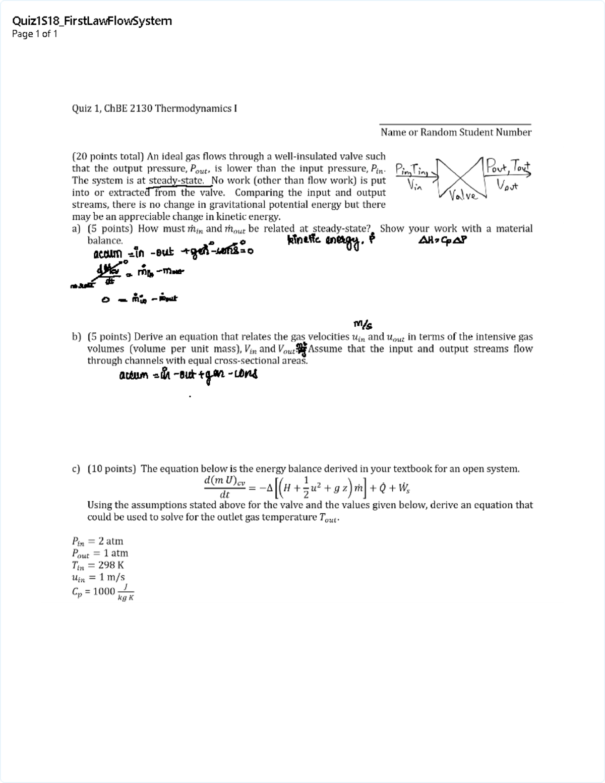 Sp18 Quiz 1 Thermo I Or Thermodynamics I Is An Introductory Course