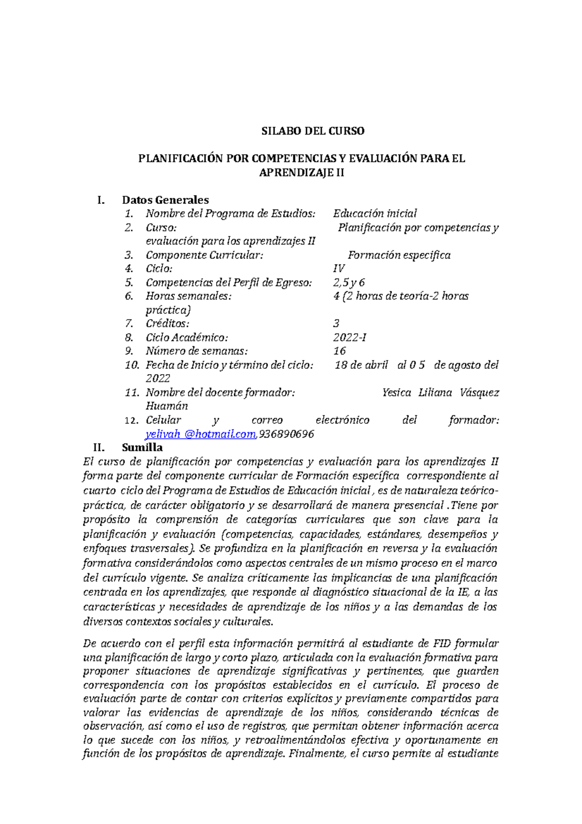 Silabo Del Curso Planificacion Por Competencias Y Evaluacion Para Los