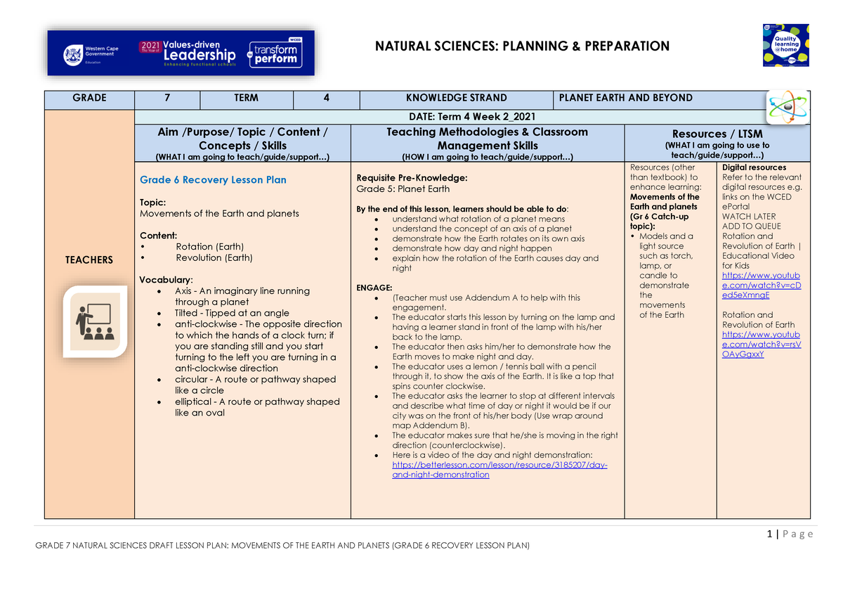 Lesson Plan Get Sp Gr 7 Natural Sciences T4 W2 1 P A G E Natural