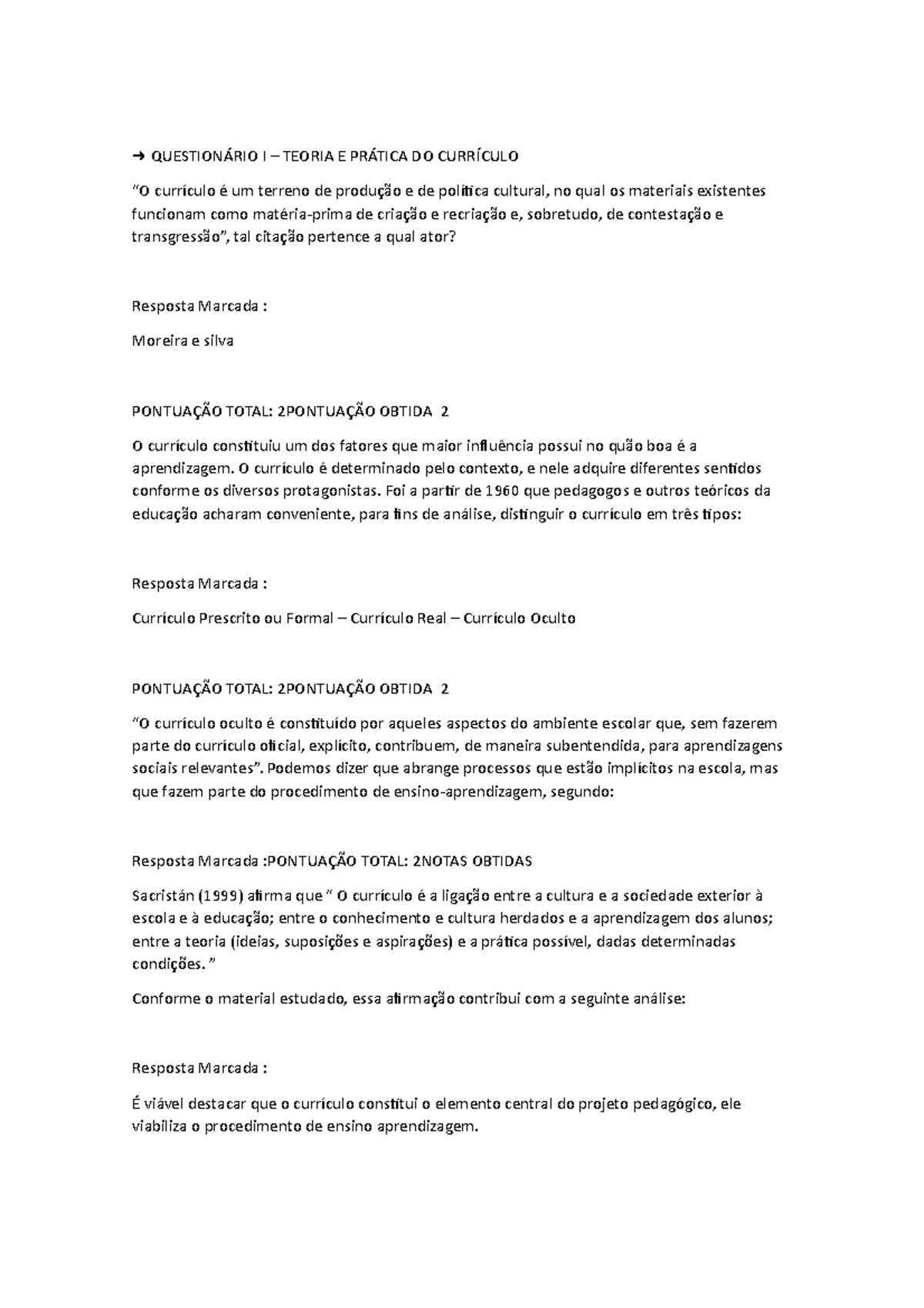 Questionário I Teoria E Prática Do Currículo QuestionÁrio I