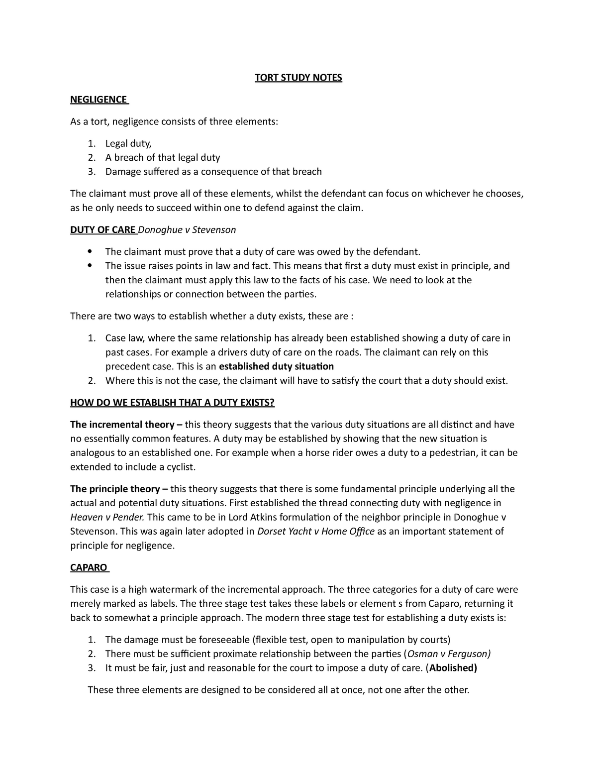 Tort Study Notes Tort Study Notes Negligence As A Tort Negligence