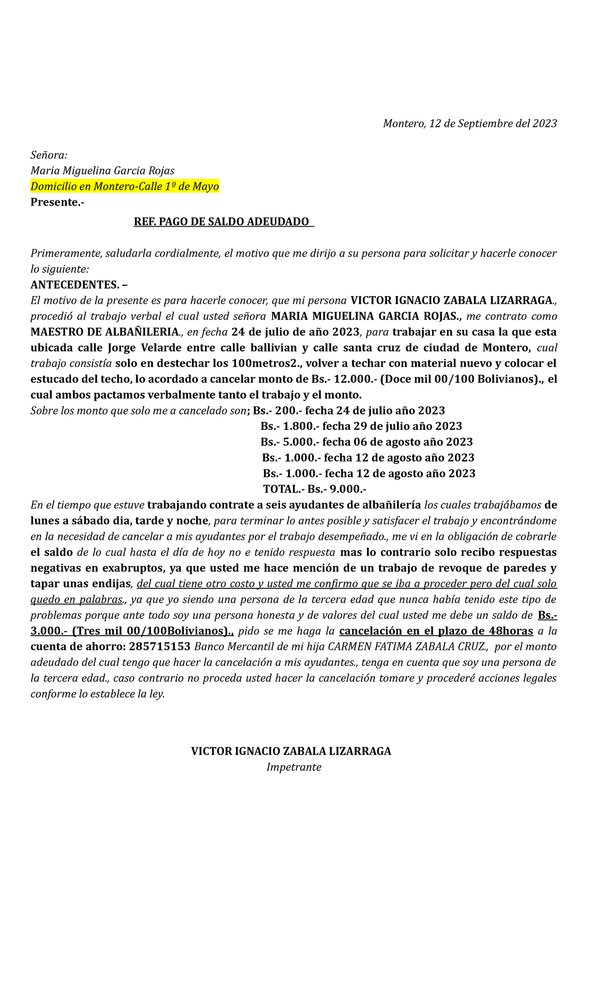 Carta Notariada Para Maria Miguelina Montero 12 De Septiembre Del