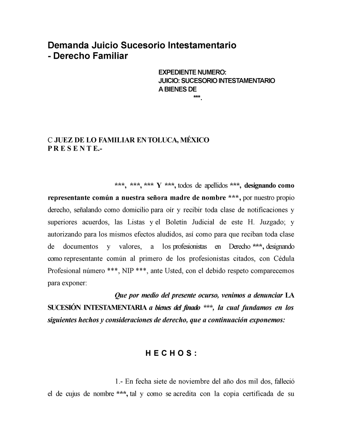 Escrito Inicial De Demanda Juicio Sucesorio Intestamentario Para El