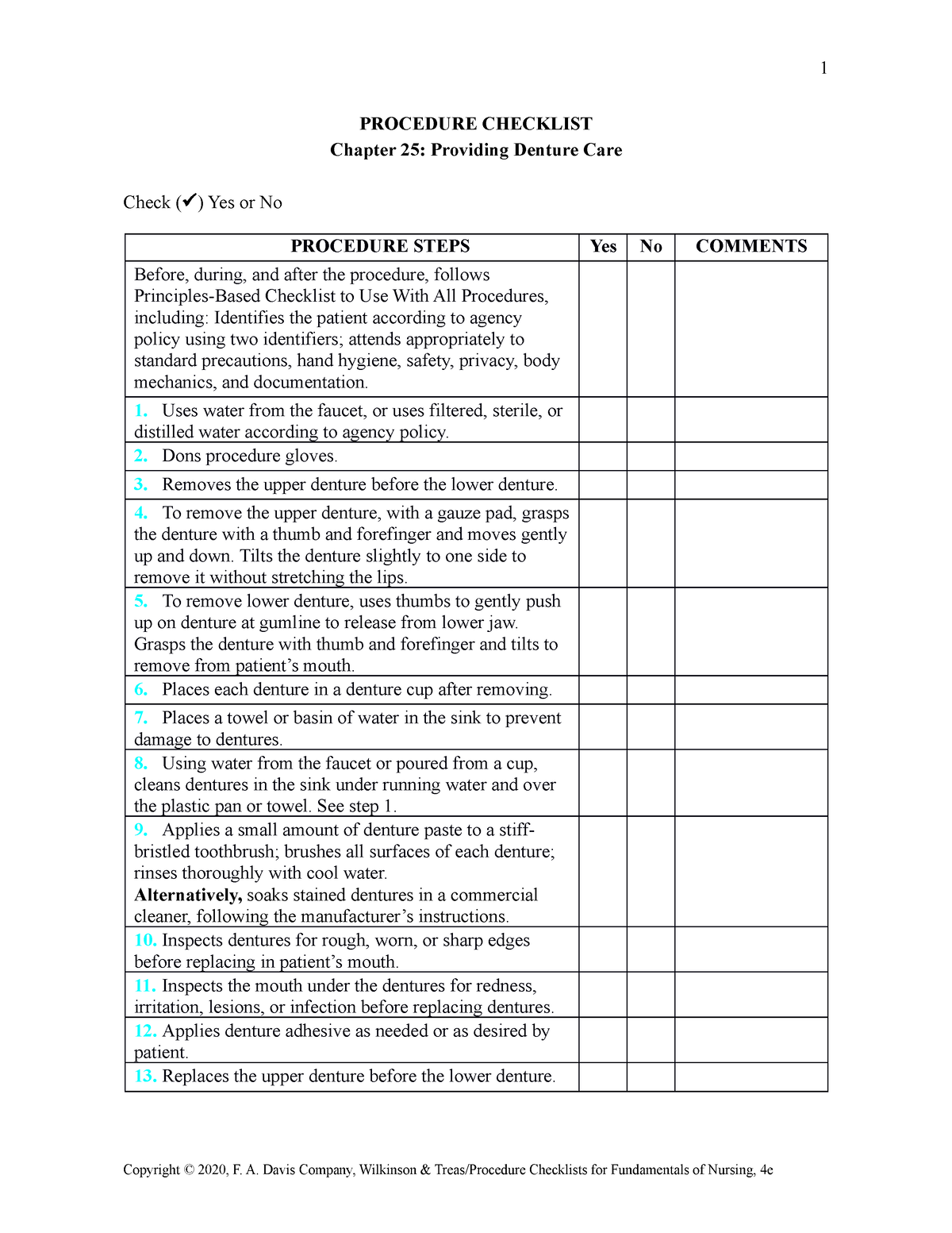 Checklist Denture Care 1 Procedure Checklist Chapter 25 Providing