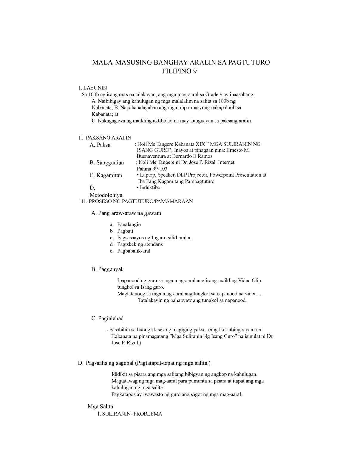 Lesson Plan Filipino 11 Mala Masusing Banghay Aralin Sa Pagtuturo