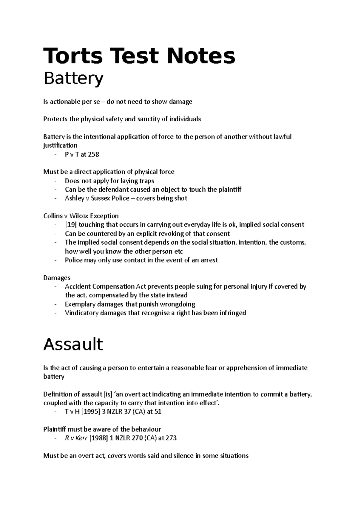 Trespass To The Person And Defamation Notes Torts Test Notes Battery