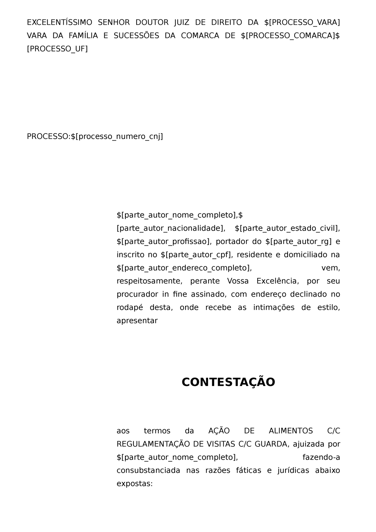 Modelo De Contestação Alimentos Regulamentação De Visitas