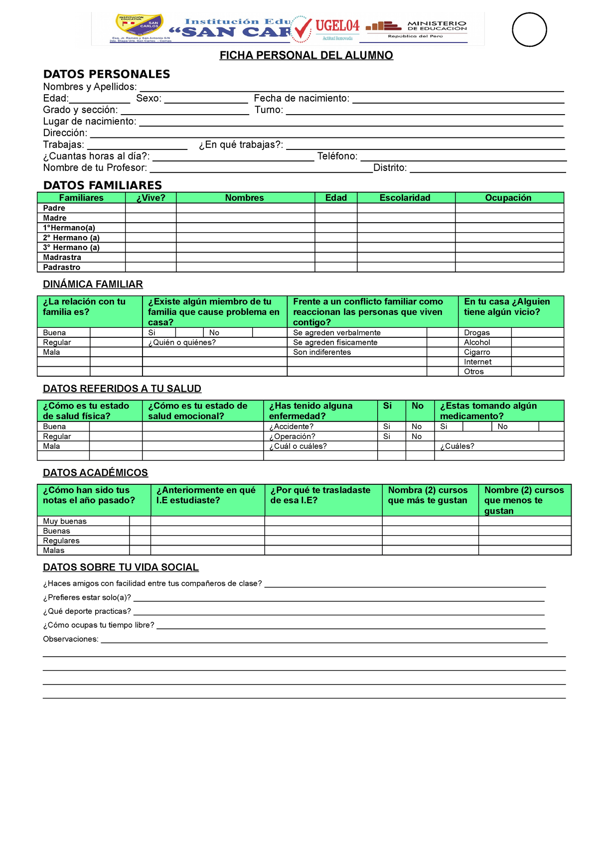 Formato Ficha Personal Del Estudiante Ficha Personal Del Alumno Datos