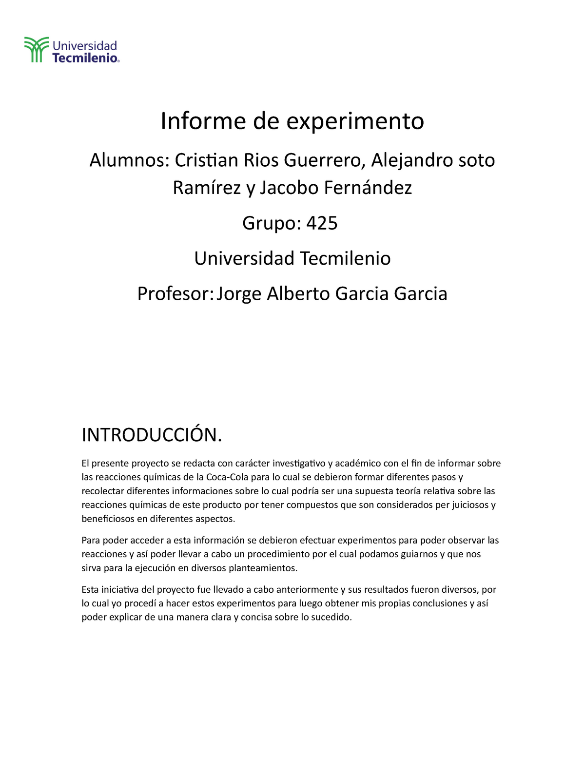 Informe De Experimento Informe De Experimento Alumnos Cristian Rios