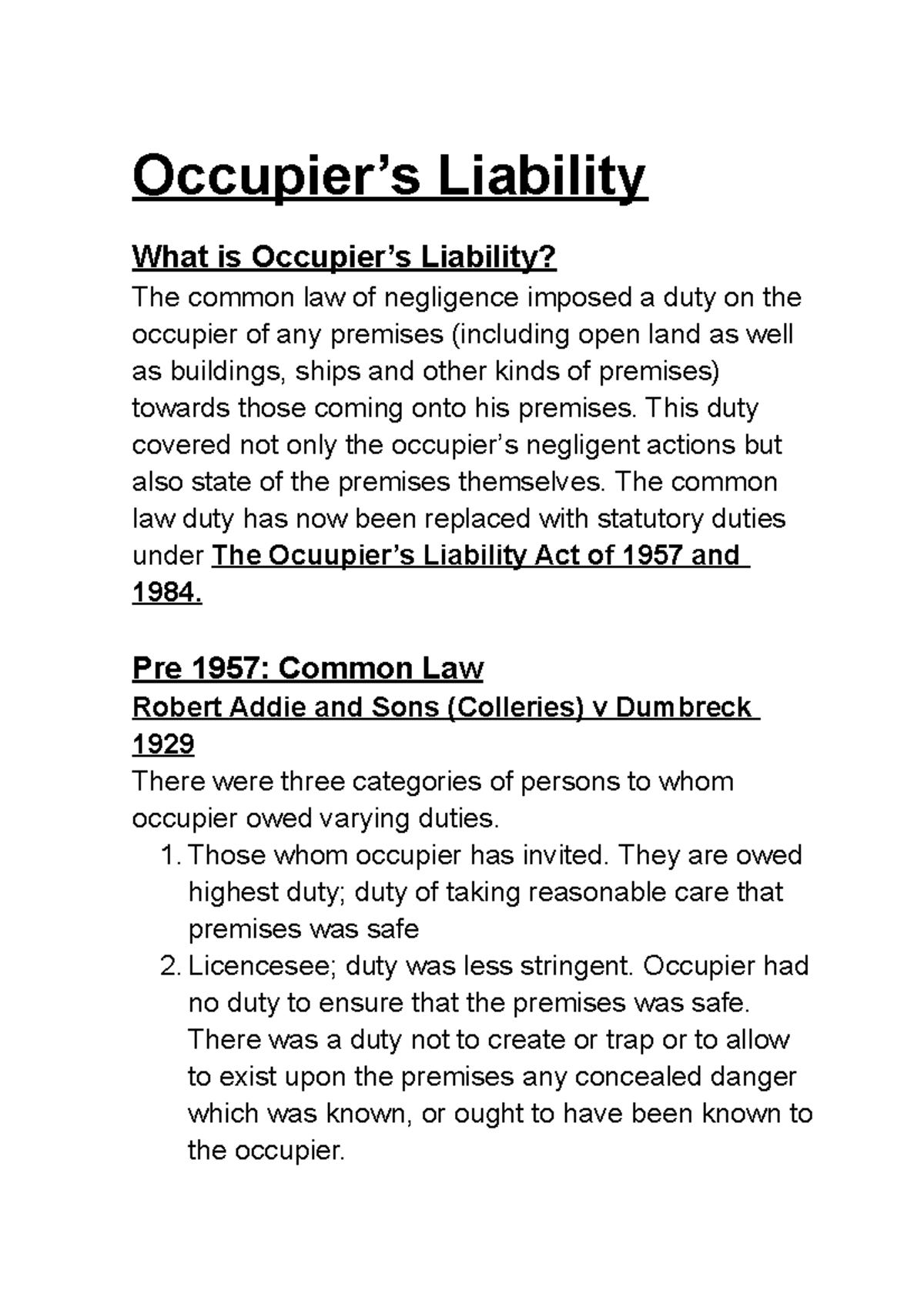 Occupiers Liability Notes Occupiers Liability What Is Occupiers