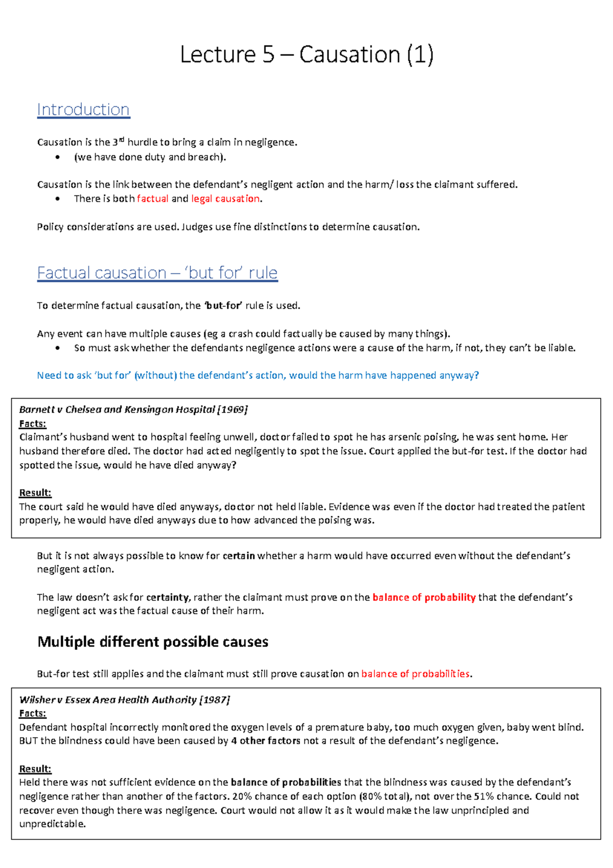 Causation Tort Law Notes Lecture 5 Causation 1 Introduction