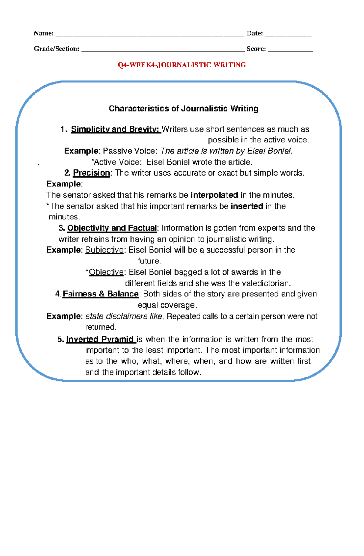 Q4 W4 Features Of Journalistic Writing Name