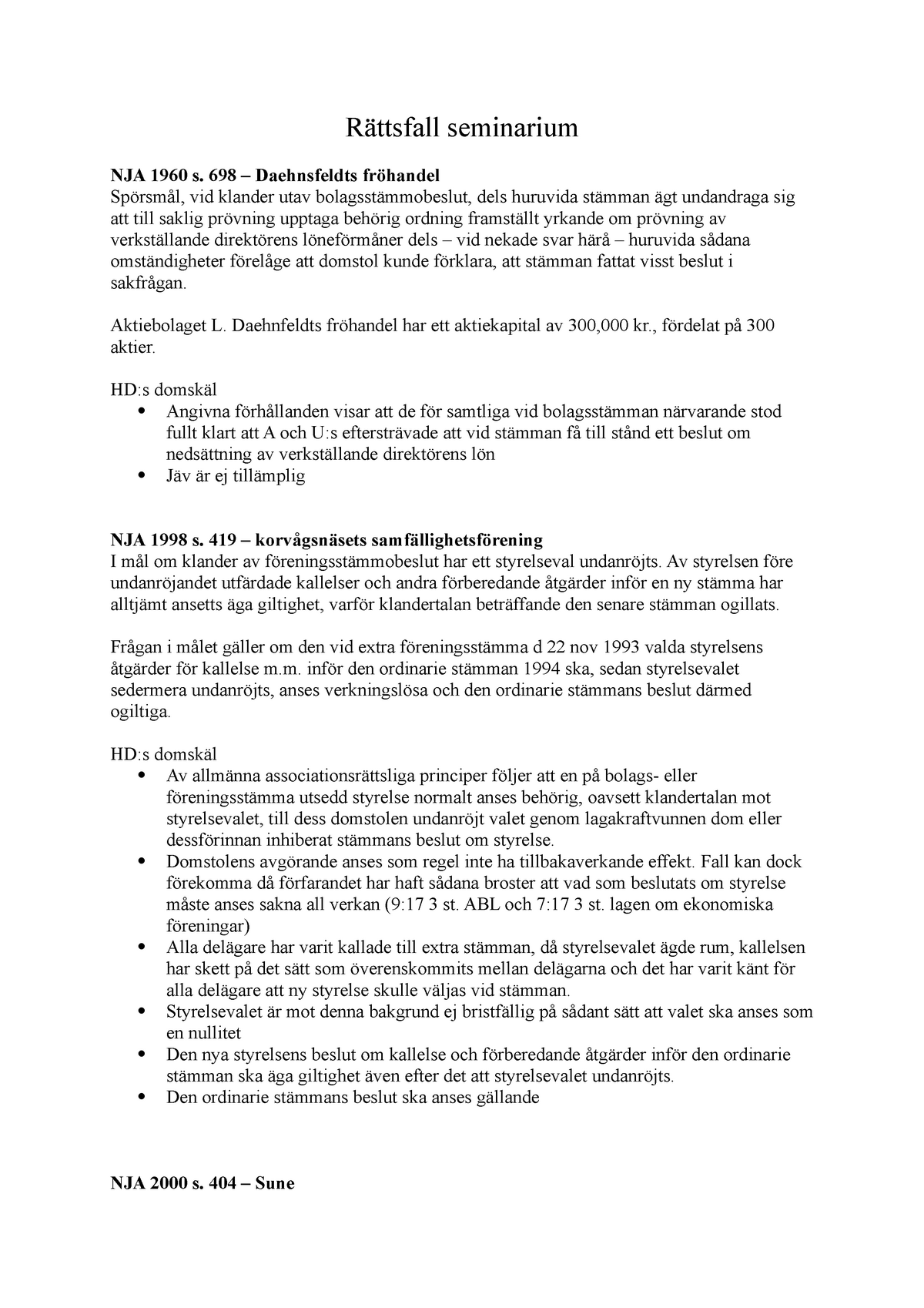 Sammanfattning Rättsfall Seminarium 1 Rättsfall Seminarium Nja 1960 S