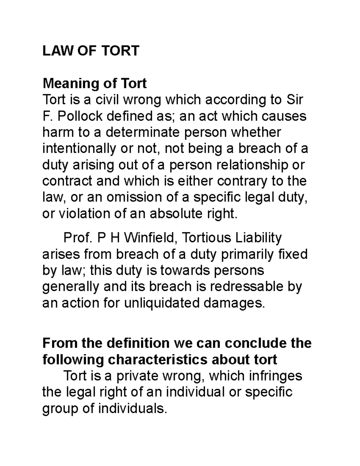 Law Of Tort Law Law Of Tort Meaning Of Tort Tort Is A Civil Wrong